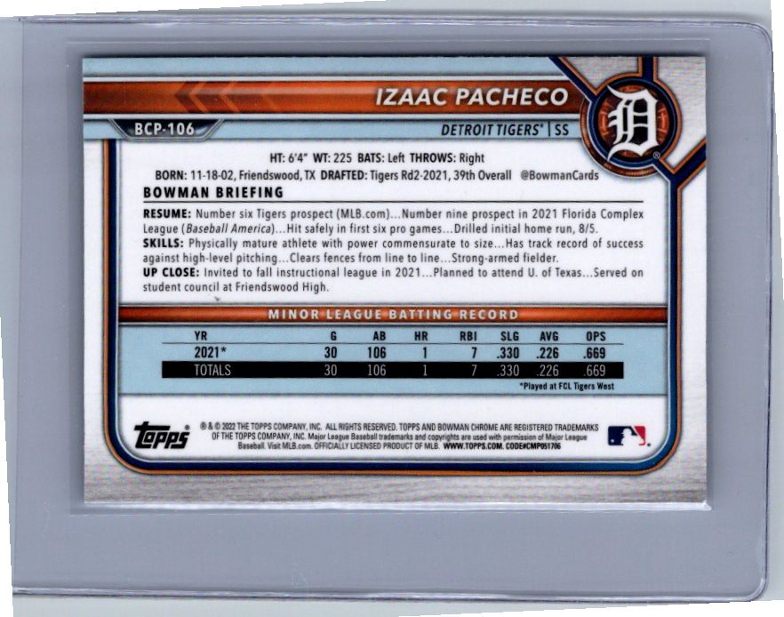 2022 Bowman #BCP-106 Izaac Pacheco Detroit Tigers Baseball | eBay