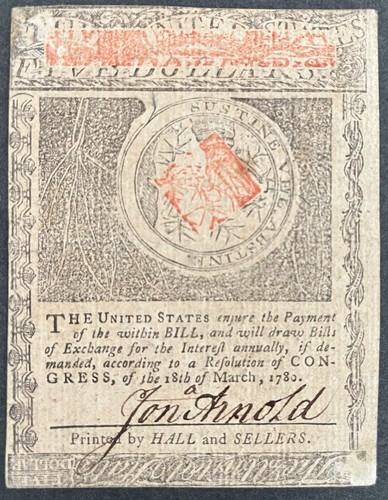 1780 July 2 $5 five Rhode Island Providence Colonial currency Note ...