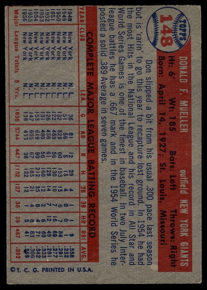 1957 Topps #148 Don Mueller New York Giants EX | eBay