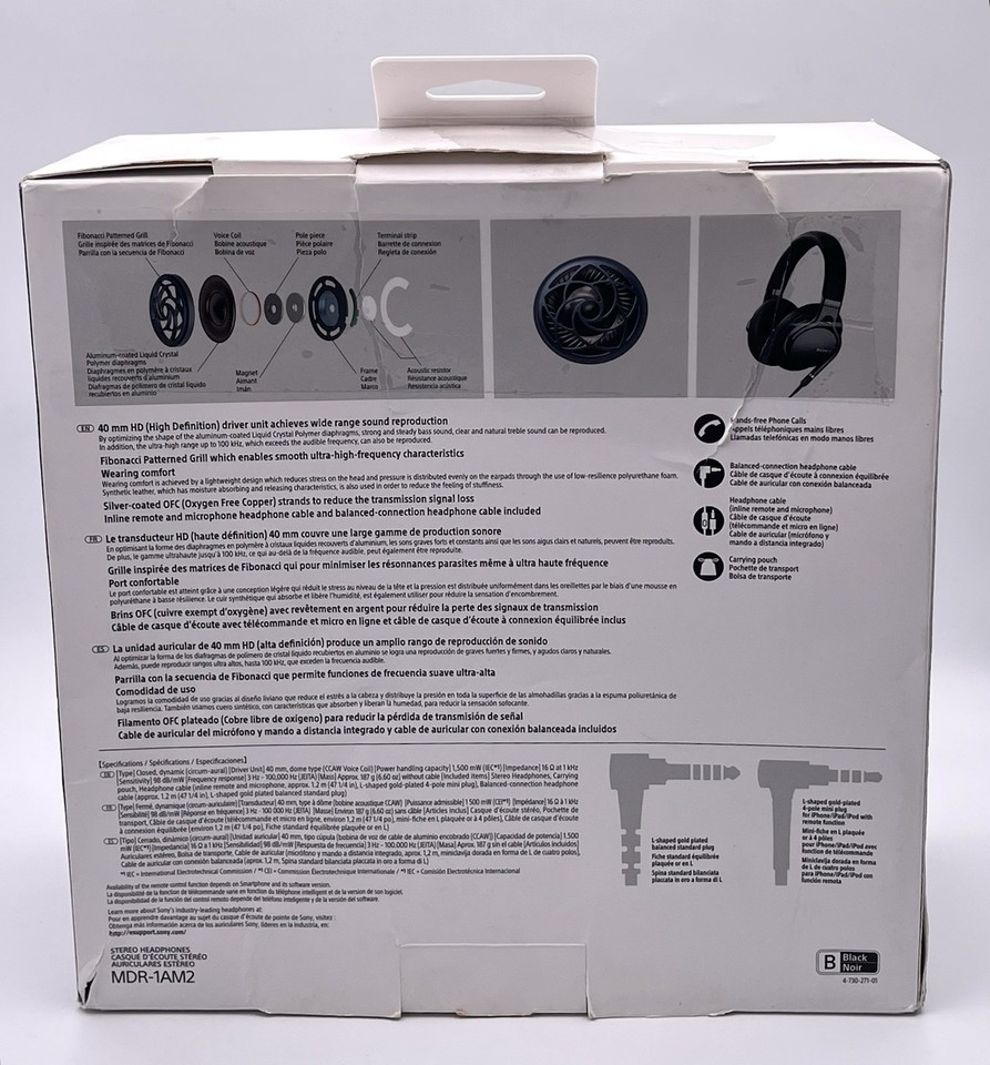 SONY MDR-1AM2 High Resolution Premium Hi-Res Overhead Headphones W Box ...