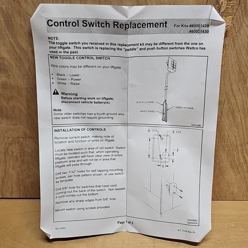 Waltco Super Switch Liftgate Replacement OEM 80001429 w/ 10' Wire ...