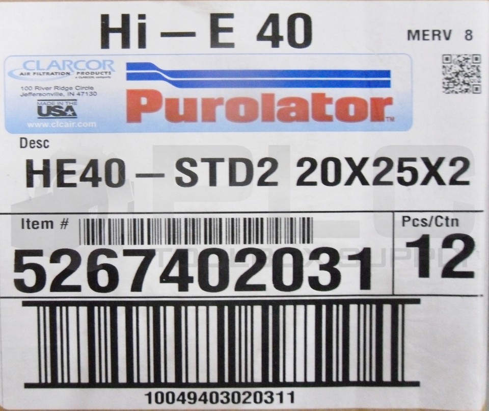 BOX OF 12 NEW SEALED PUROLATOR 5267402031 Hi-E 40 FILTER 20 X 25 X 2 ...