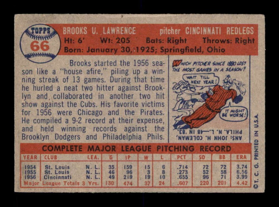 1957 Topps #66 Brooks Lawrence VG/VGEX X2984932 | eBay
