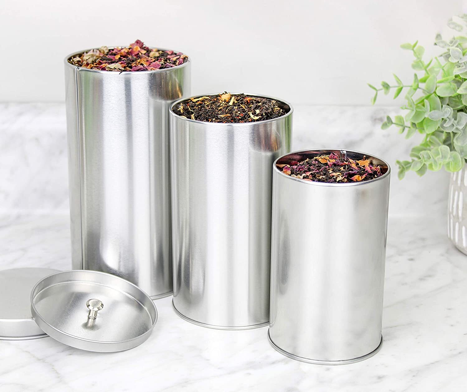 Double Seal Tea Canisters 4pk, Large Round Metal Containers w/ Interior ...