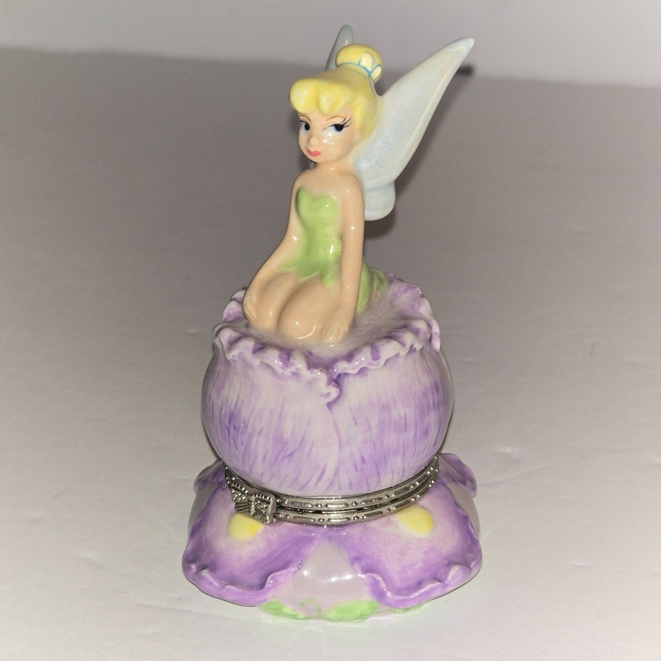 DISNEY STORE 3.75" TINKER BELL ON PURPLE FLOWER PORCELAIN TRINKET BOX ...