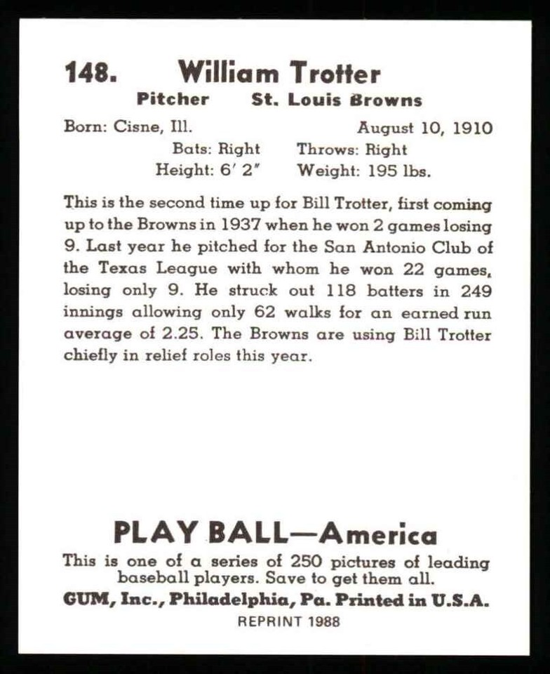 1939 Play Ball Reprint #148 Bill Trotter Browns RC 8 - NM/MT | eBay