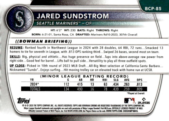 2025 Bowman #BCP-85 Jared Sundstrom Chrome Prospects | eBay
