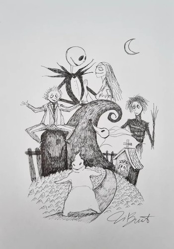 Tim Burton original pen and ink detailed drawing of main characters. | eBay
