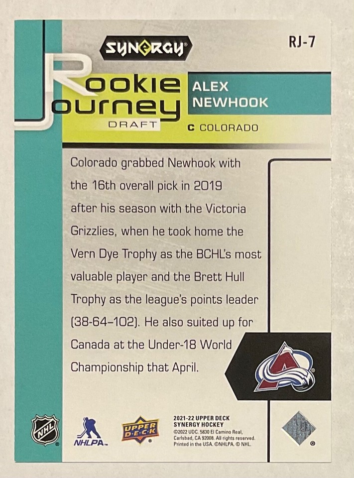 2021-22 ALEX NEWHOOK UD SYNERGY ROOKIE JOURNEY DRAFT CARD #RJ-7 AVS ...