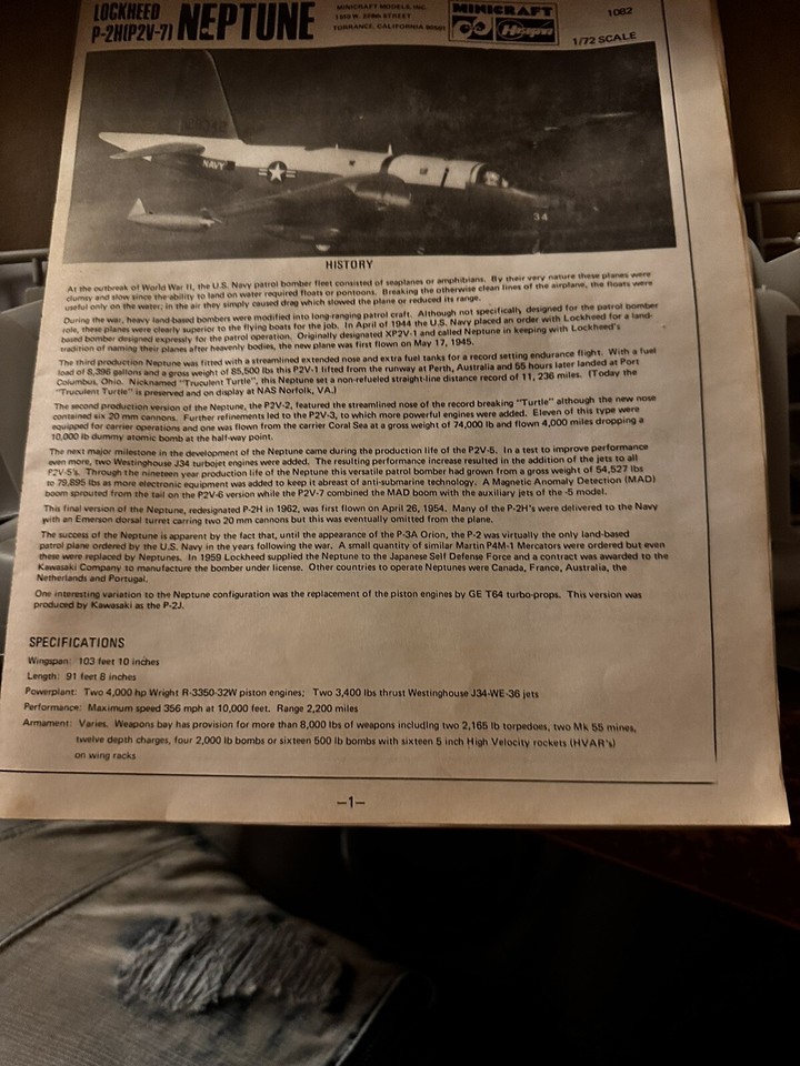 Hasegawa MiniCraft Lockheed P2V-7 Neptune 1:72 Airplane Model - extras ...