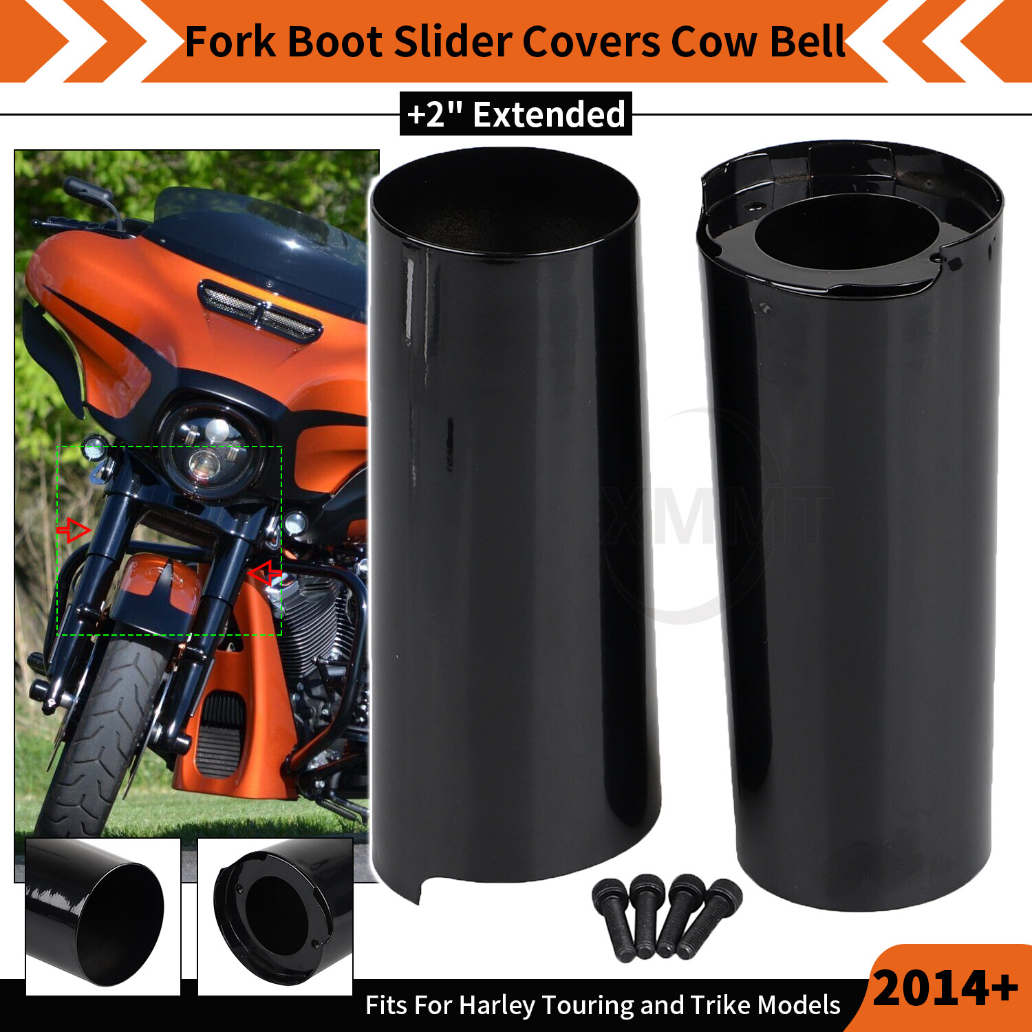 +2" Black Fork Slider Covers Cow Bells For Harley Road King Electra ...