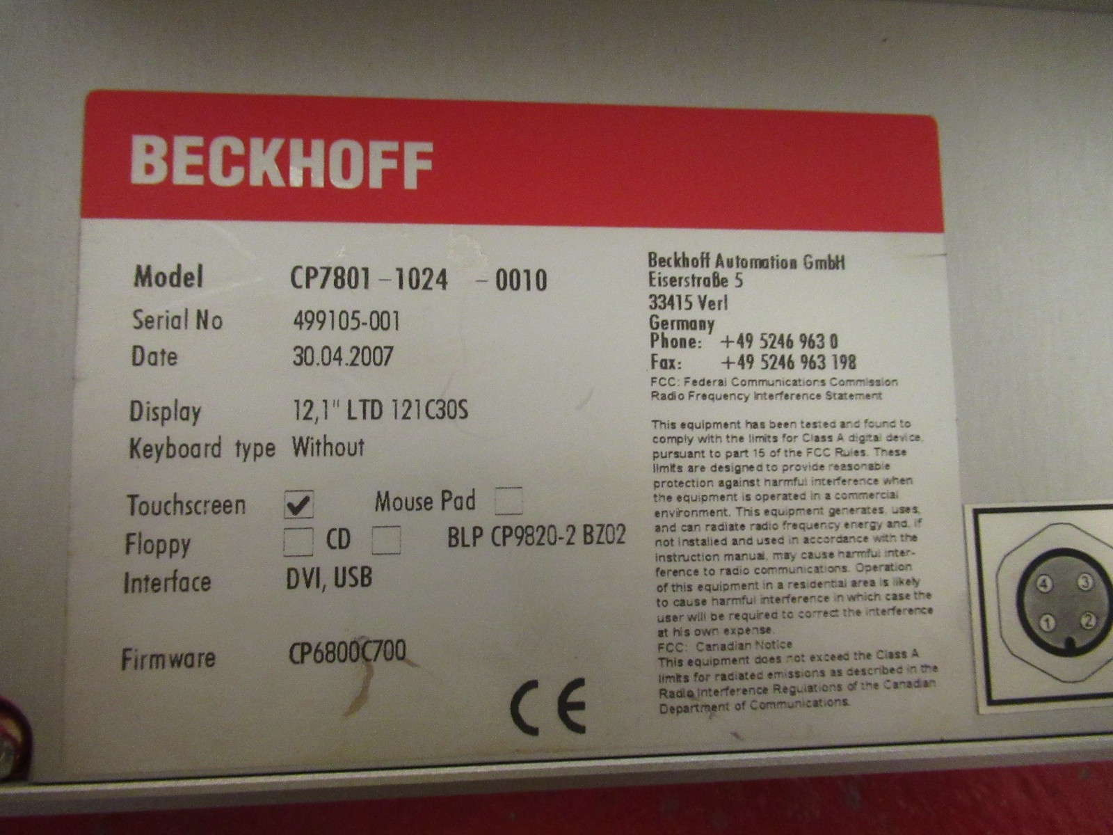 BECKHOFF TOUCH SCREEN PANEL CP7801-1024-0010 12.1" LTD DISPLAY FW ...