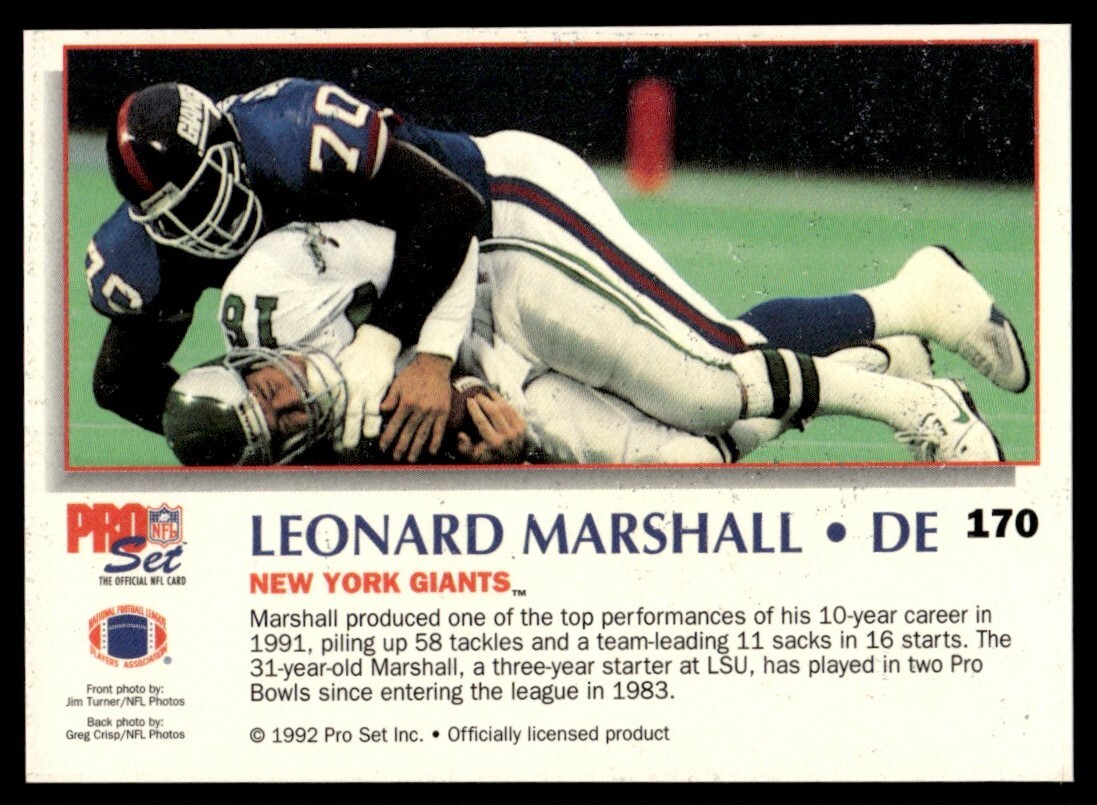 1992 Pro Set Power LEONARD MARSHALL #170 New York Giants - FREE Ship ...