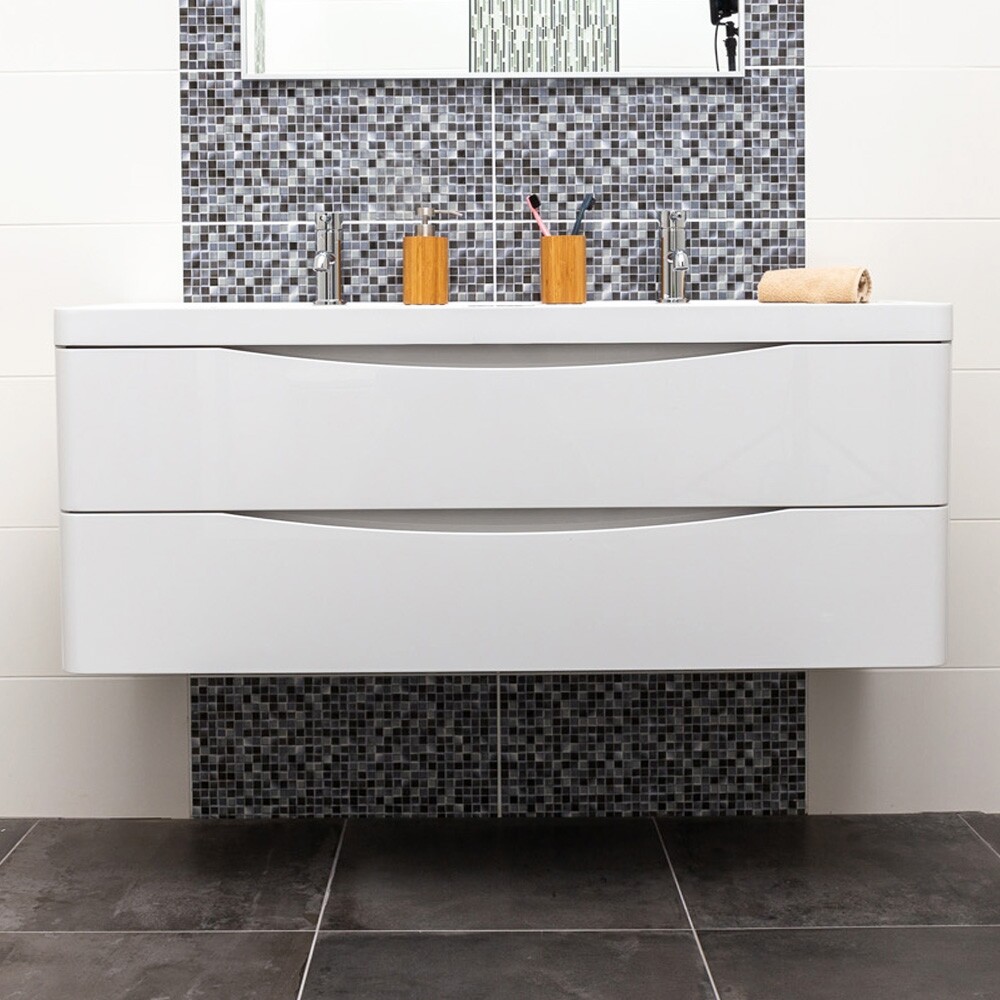 White Vanity Unit & Double Sink Wall Hung Gloss Bathroom Basin Two ...