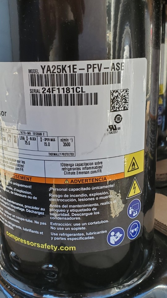 Copeland YA25K1E-PFV-ASE - Scroll Compressor 208/230V - 55-102045-250 ...