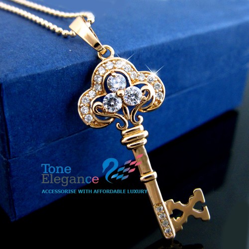 9k 9ct yellow gold GF magic key ladies necklace made with swarovski ...
