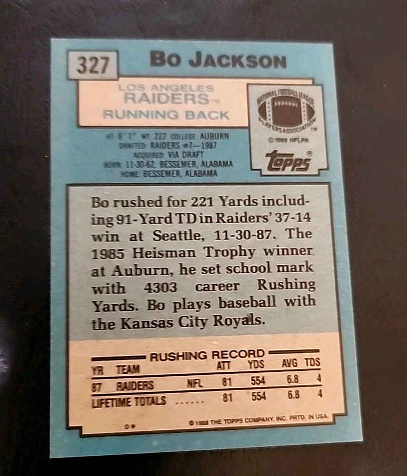 1988 Bo Jackson Topps Rookie Card #327 LA Raiders KC Royals - NrMt | eBay