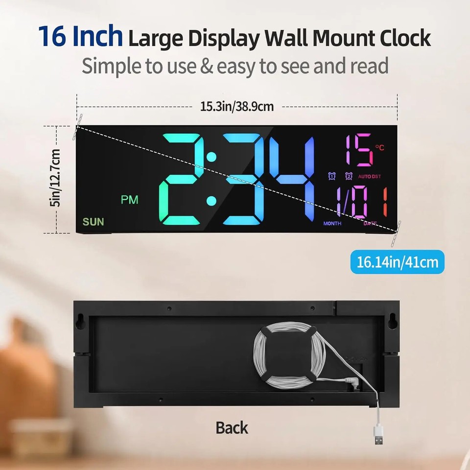 Digital Wall Alarm Clock with Remote Control Big LED/Dual Alarm/8 RGB ...