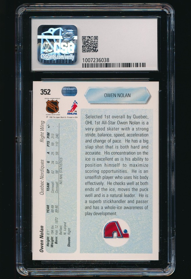 1990-91 Upper Deck rookie #352 Owen Nolan rc CSG 9 Mint | eBay