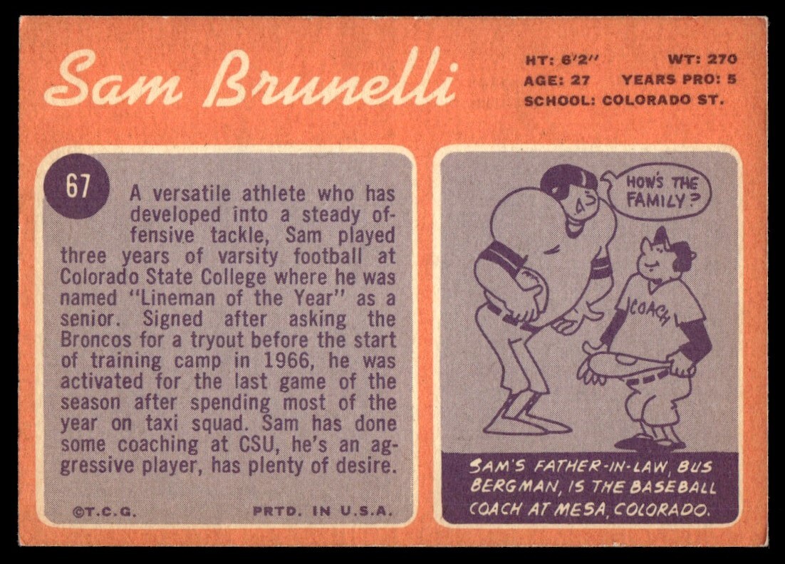 1970 Topps Football Card Sam Brunelli RC Denver Broncos #67 EX | eBay UK