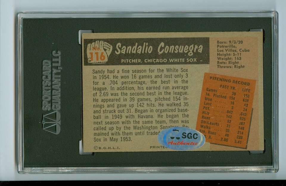 Sandy Consuegra 1955 Bowman Vintage Autograph Card #116 White Sox SGC ...