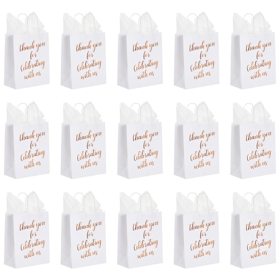 15x Thank You Kraft Paper Gift Bags with Handles Tissue Rose Gold Foil ...