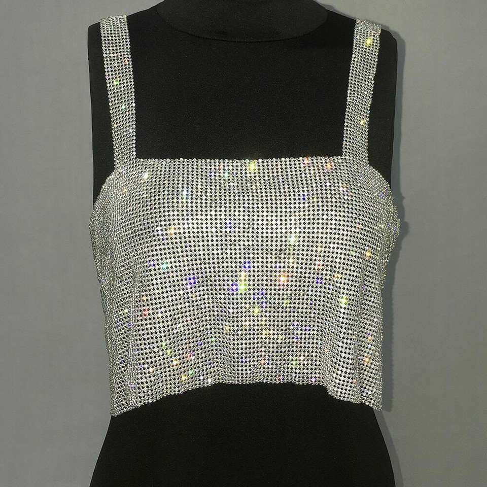 Night Club Sparkly Crystal Rhinestone Metal Chainmail Halter Draped Bra ...