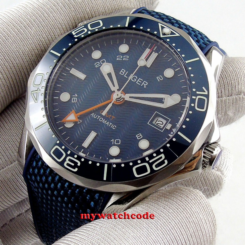 41mm bliger blue dial GMT sapphire glass date Mechanical automatic mens ...