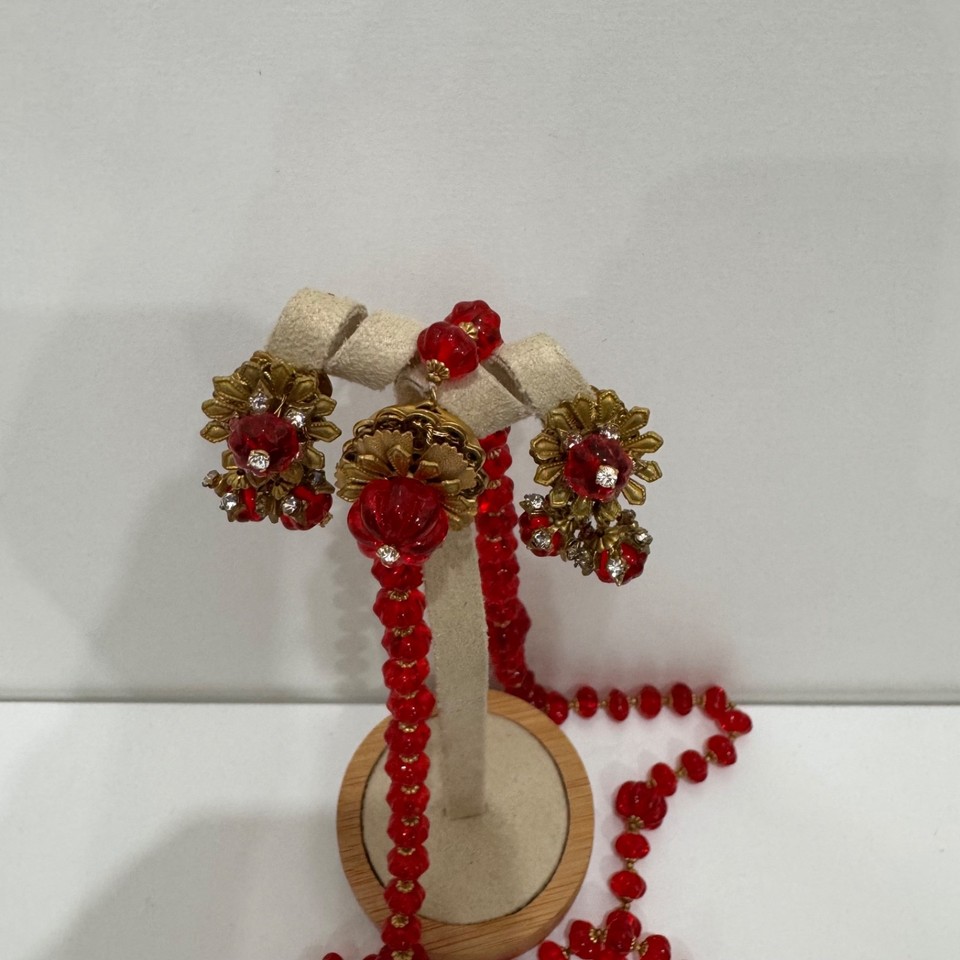 Sign Miriam Haskell Red Mellon Bead Rhinestone Earrings Necklace ...