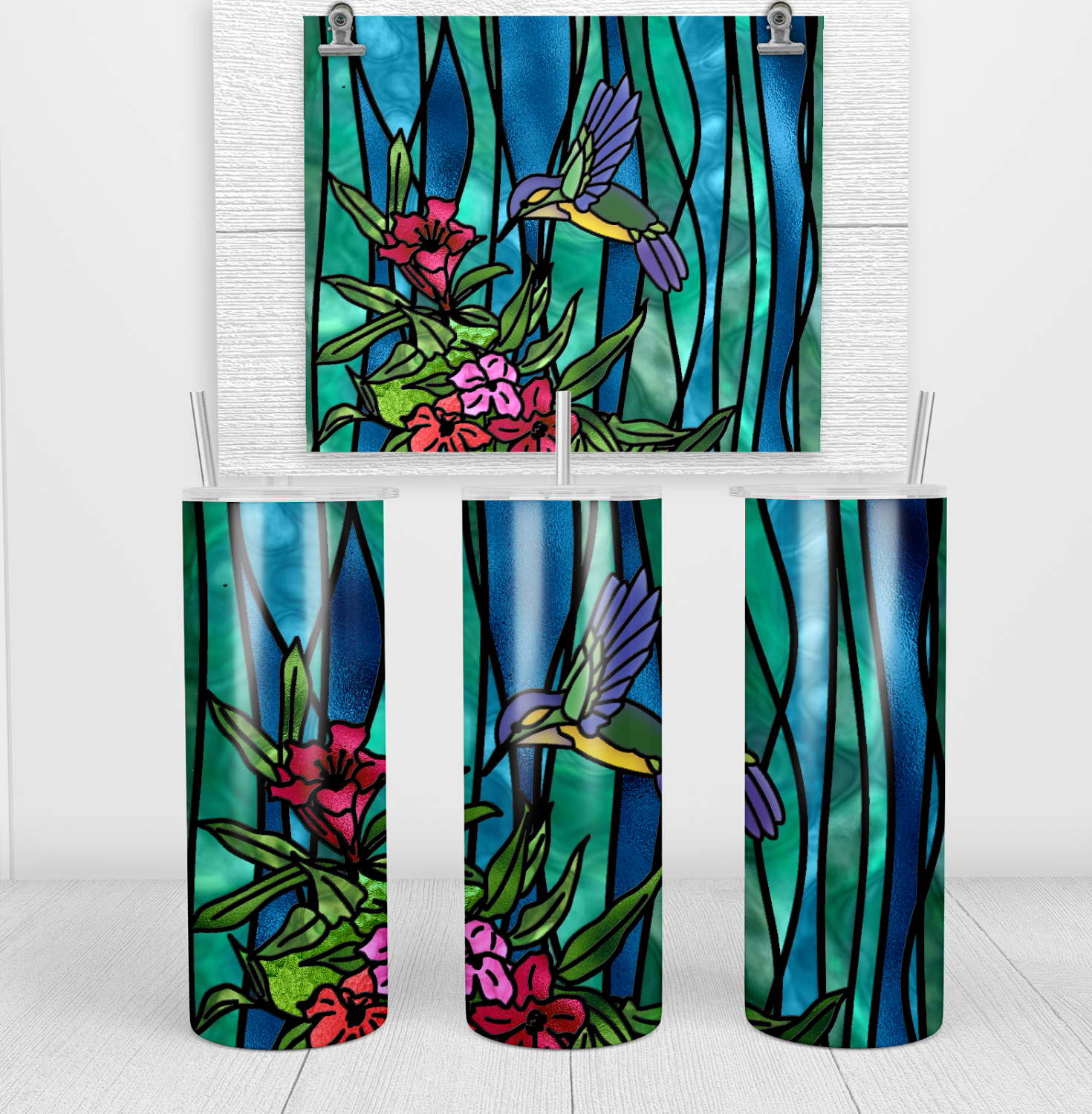 Hummingbird Stained Glass Look 20 Oz Skinny Metal Tumbler w/Lid and ...