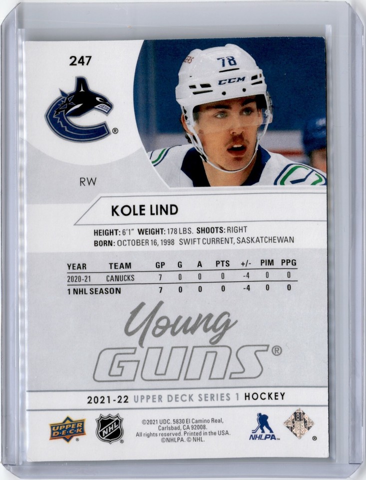 2021-22 Upper Deck Kole Lind Young Guns Rookie RC #247 Canucks | eBay