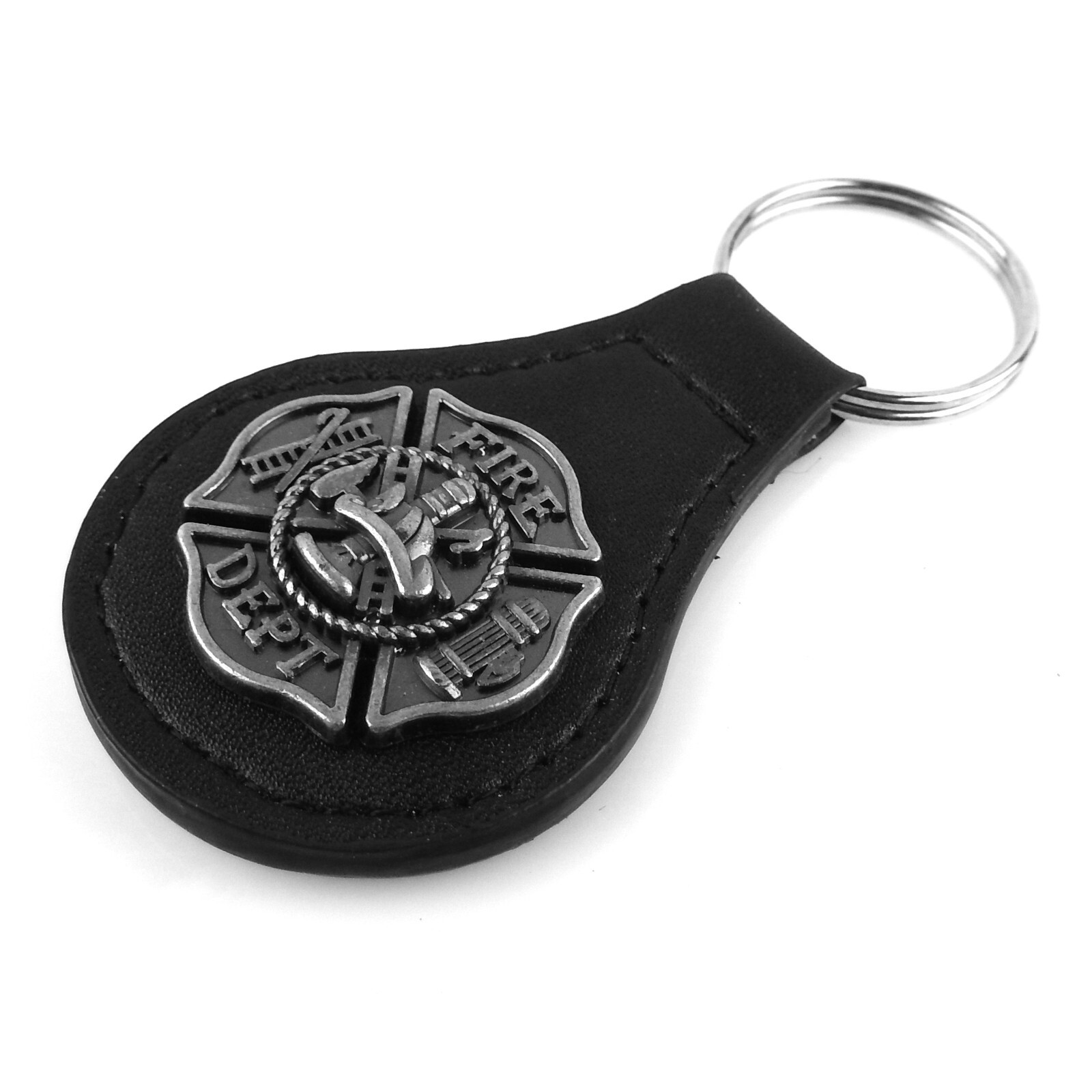 Fireman Black Leather Key Fob Ring Firefighter Silver Maltese Emblem ...