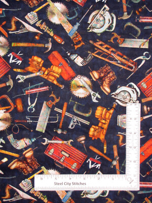 Masculine Tool Box Tools Fabric Navy Measure Twice Dan Morris Cotton QT ...