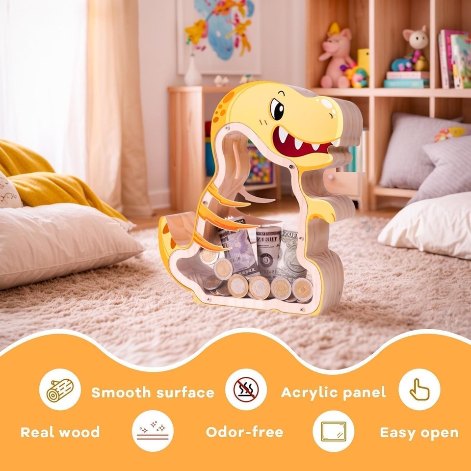 Wooden Dinosaur Piggy Bank for Kids, T-Rex Money Coin Bank, Unbreakable ...