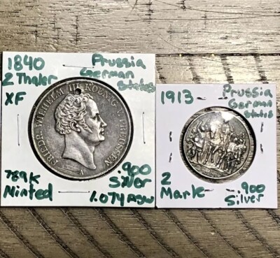 1840 Prussia 2 Thaler (LARGE) & 1913 2 Mark - RARE Silver Coin Lot ...