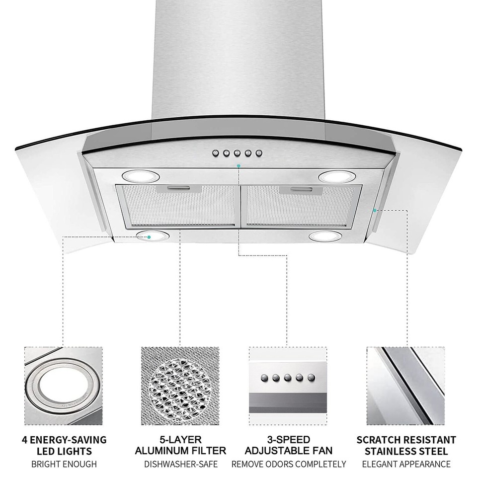 30in Island Mount Range Hood 900CFM Stainless Steel Vent 3-Speed Cook ...