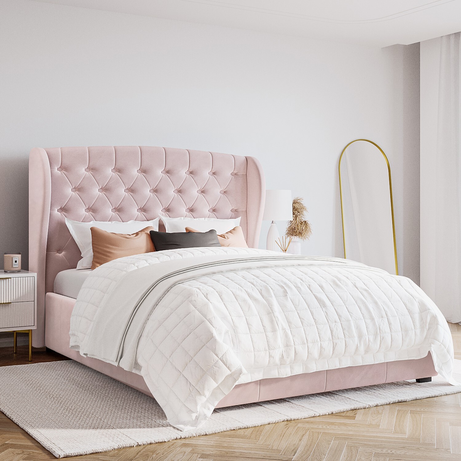 Ottoman Bed King Size Gas Lifted Pink Velvet with Chesterfield ...
