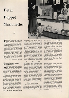 1949 PAPER AD Article Peter Puppets Marionettes Toy Store Display Oky ...