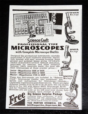 1935 OLD MAGAZINE PRINT AD, PORTER CHEMICAL, SCIENCE CRAFT, MICROSCOPE ...