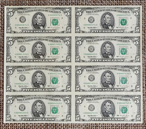 $5 Prosperity Sheet "8888" 1995 H-D Series - "8" $5 dollar bills sheet ...