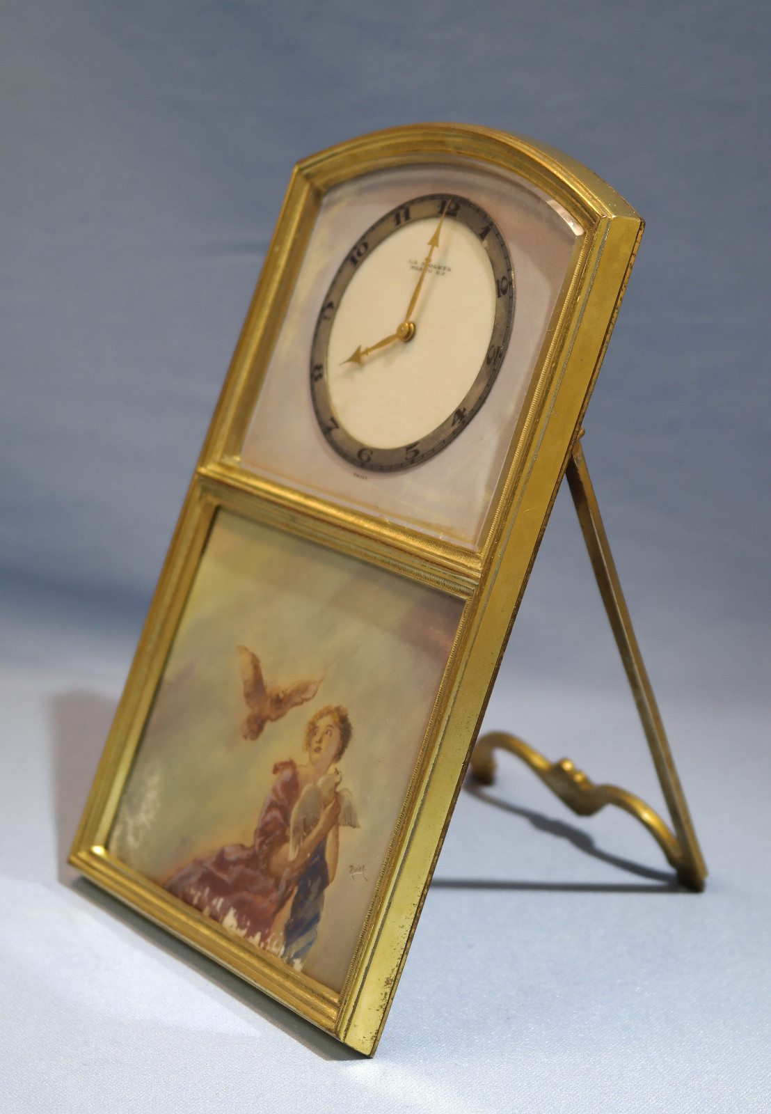Swiss Gilt Bronze Mechanical Easel Clock Painted Plaque Girl & Doves LA ...