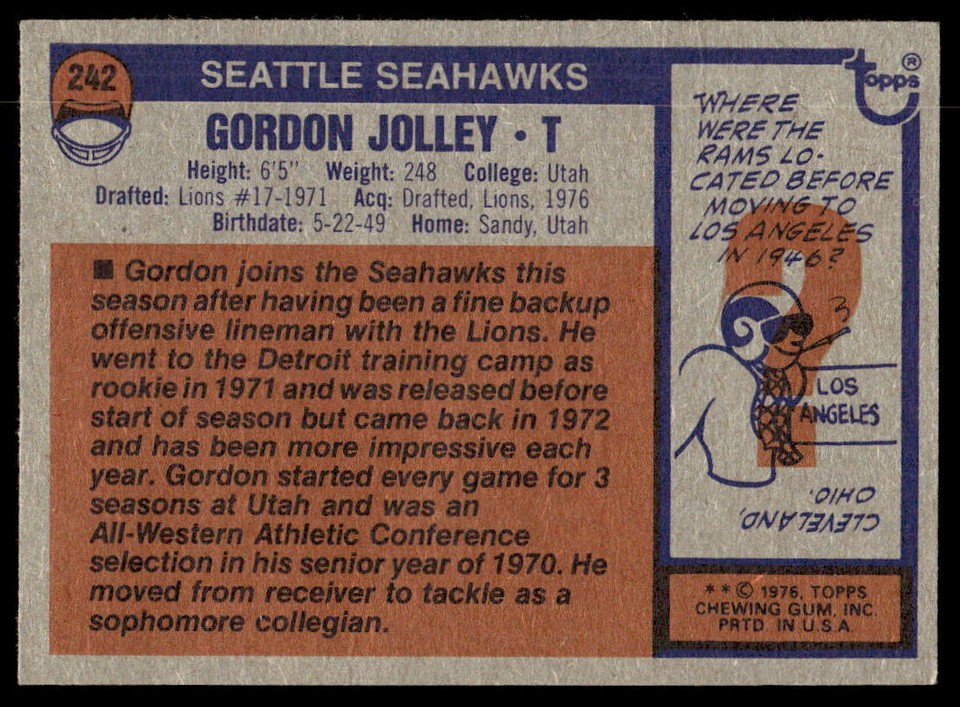 Gordon Jolley 1976 Topps #242 Seattle Seahawks Football Card | eBay