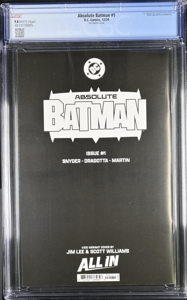 ABSOLUTE BATMAN #1 CGC 9.8 Jim Lee 1:100 Incentive Virgin First Print ...