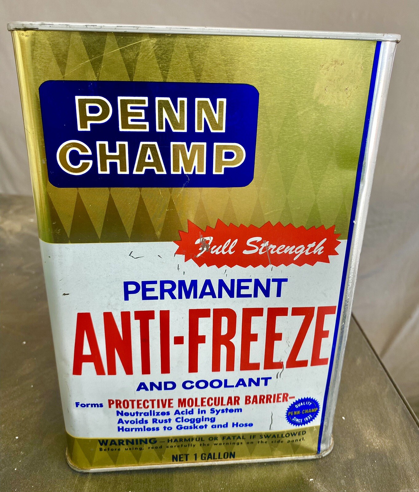 VINTAGE 1 GAL. CAN PENN CHAMP ANTI-FREEZE TIN MADE IN USA PENN OIL CO ...