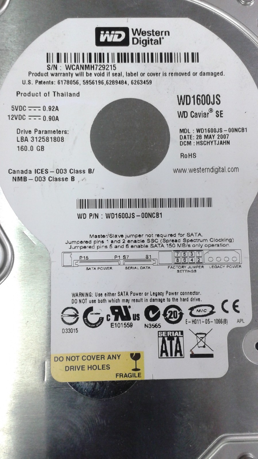 Western Digital 160GB Internal 7200RPM 3.5" (WD1600JS-00NCB1) HDD for ...