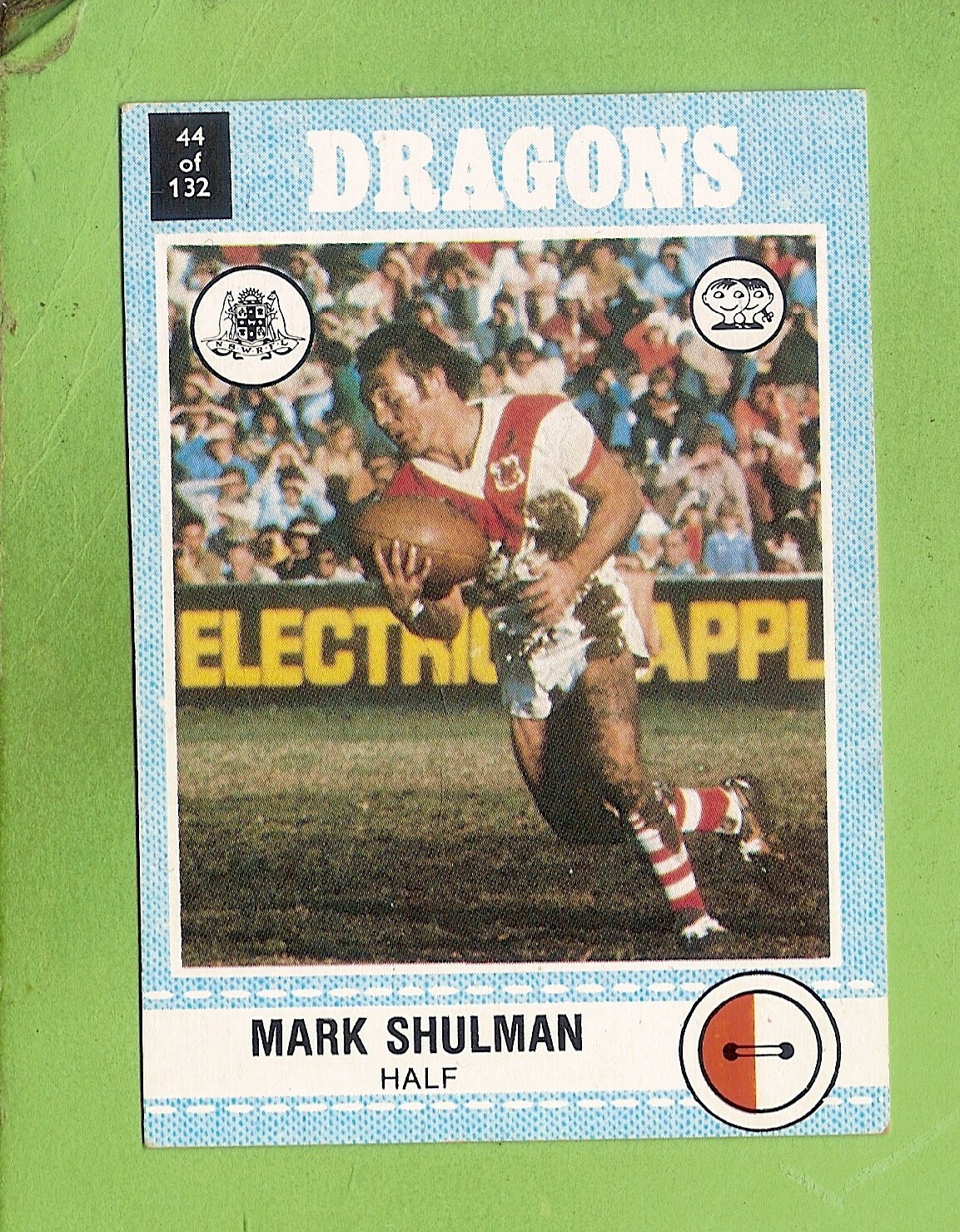 1977 SCANLENS RUGBY LEAGUE CARD #44 MARK SHULMAN, ST GEORGE DRAGONS ...