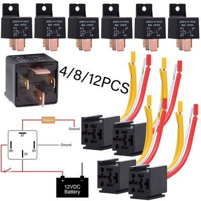 12PCS Car Relay 4Pin DC 12V 80A Normally Open SPST with Relay Socket ...