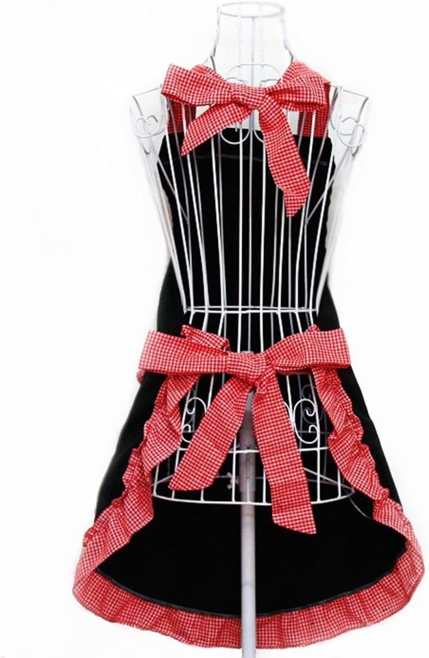 Red Vintage Cotton Kitchen Apron with Pockets for Women and Girls | eBay UK