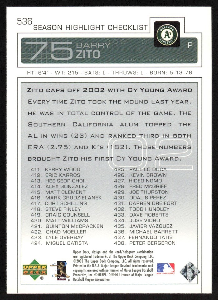 2003 Upper Deck Season Highlight Checklist Barry Zito #536 Oakland ...