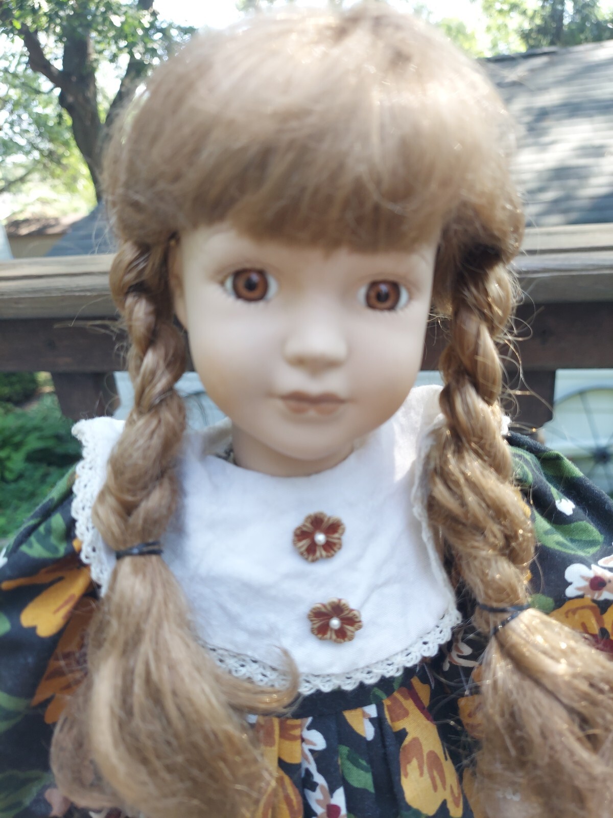 Bisque Porcelain Doll Brown Hair & Eyes Green Sunflower Dress & Basket 16" READ | eBay